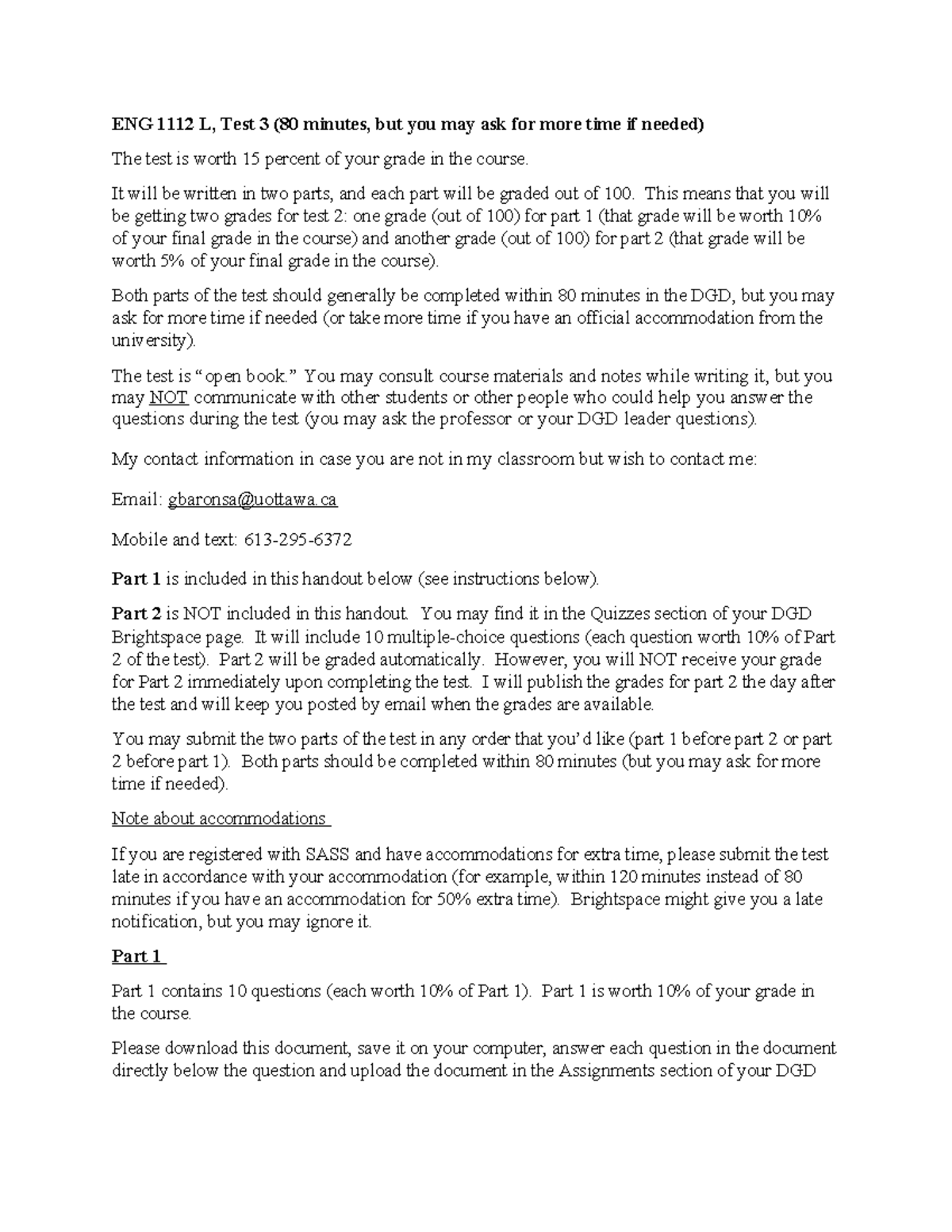 Test 3 ENG 1112 L - ENG 1112 L, Test 3 (80 minutes, but you may ask for ...