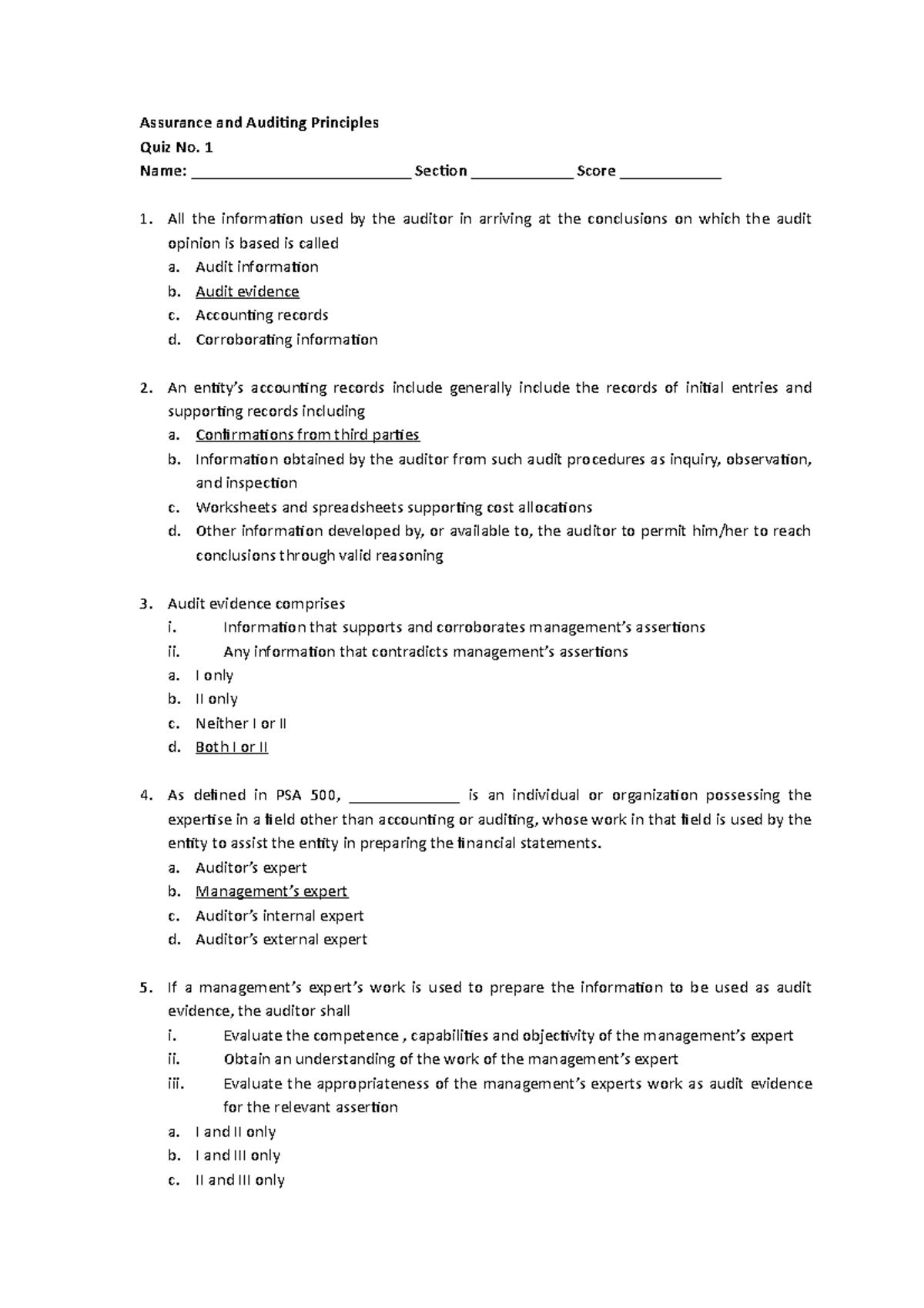 Auditing.theory Q1 - read carefully - Assurance and Auditing Principles Quiz No. 1 Name: - Studocu