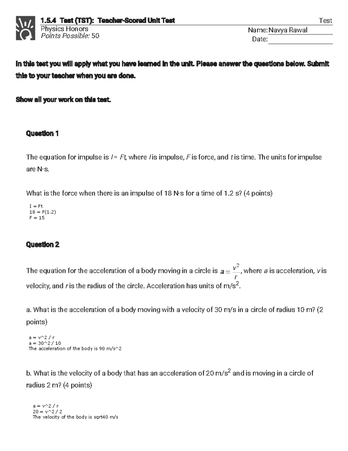 THis is a title - 1.5 Test (TST): Teacher-Scored Unit Test Test Physics ...