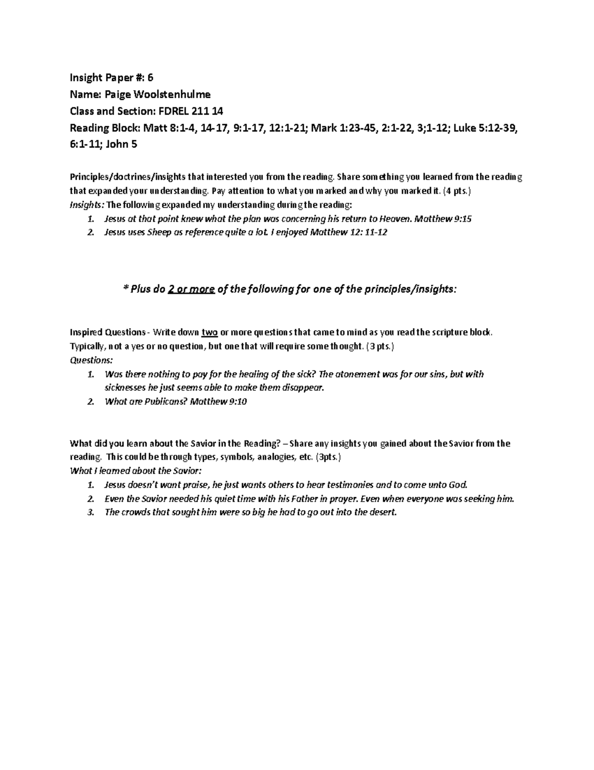 6 Insight Paper - For the class of Brother Parker. - Insight Paper 6 ...