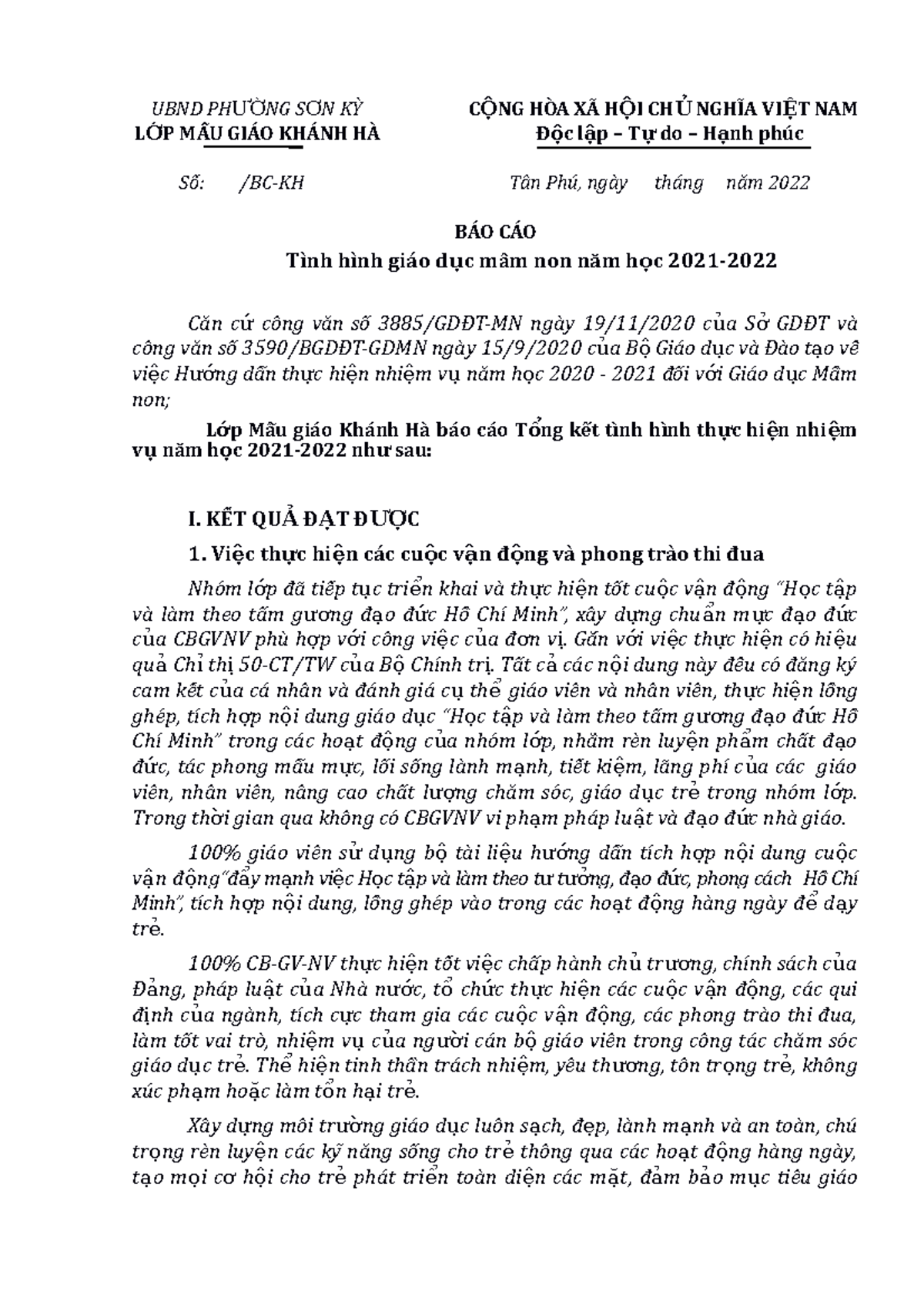 [LỚP MẪU GIÁO Khánh HÀ] BÁO CÁO TK2021-2022 - UBND PH NG S N KỲ ƯỜ Ơ C NG HÒA XÃ H I CH NGHĨA VI ...