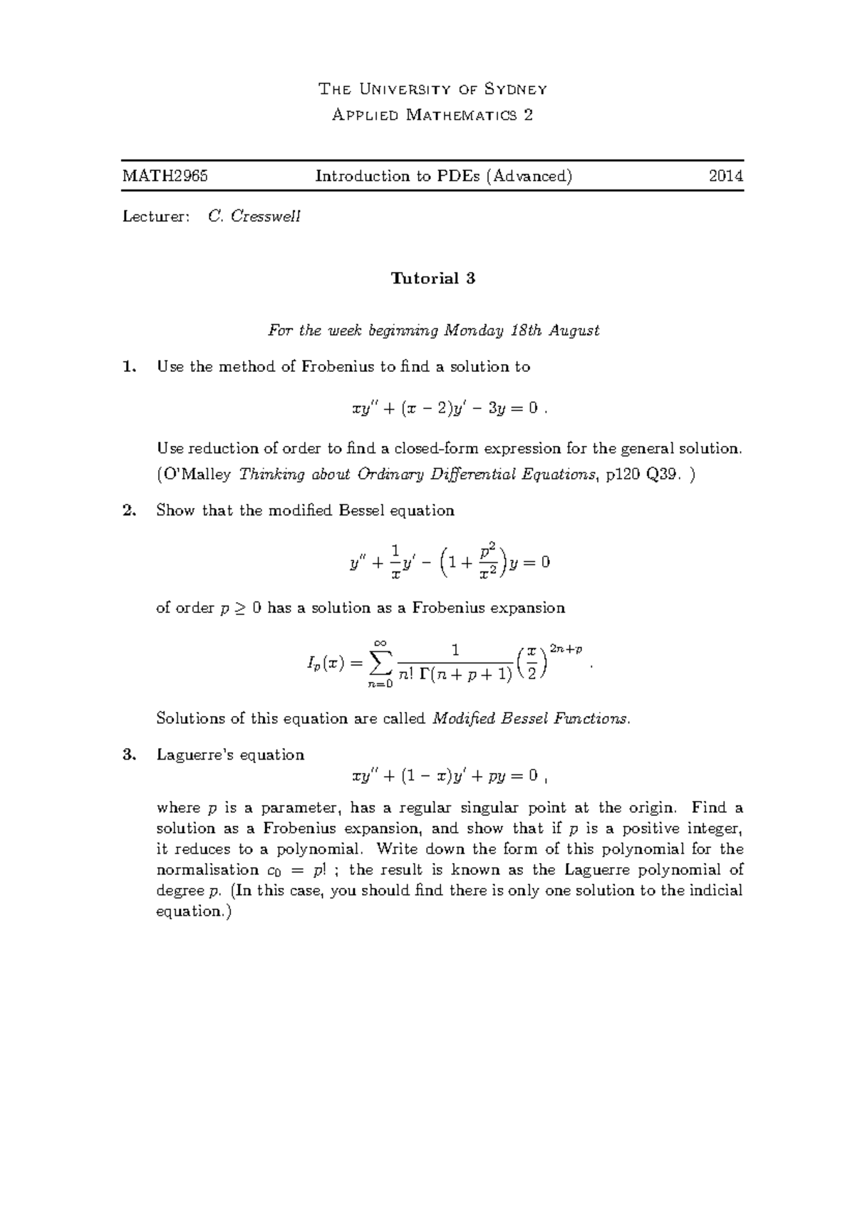 Tutorial work - tutorial worksheets complete - The University of Sydney ...