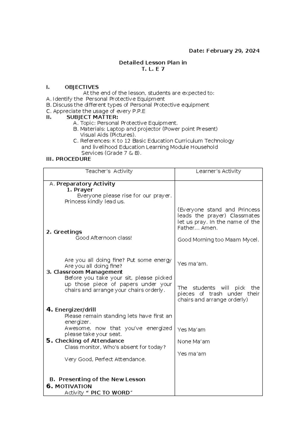 Detailed lesson plan in T.L.E 3rd lesson - Date: February 29, 2024 ...