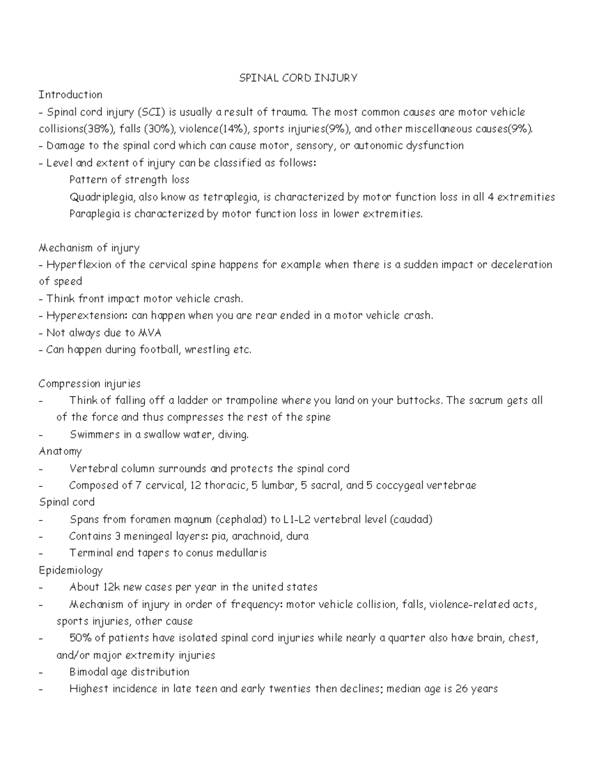 Spinal CORD Injury - LECTURE NOTES - SPINAL CORD INJURY Introduction ...