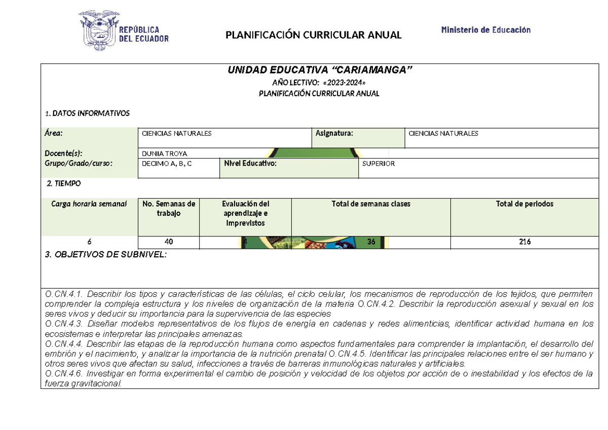CCNN 2023-2024 PCA - UNIDAD EDUCATIVA “CARIAMANGA” AÑO LECTIVO: «2023-2024» PLANIFICACIÓN ...