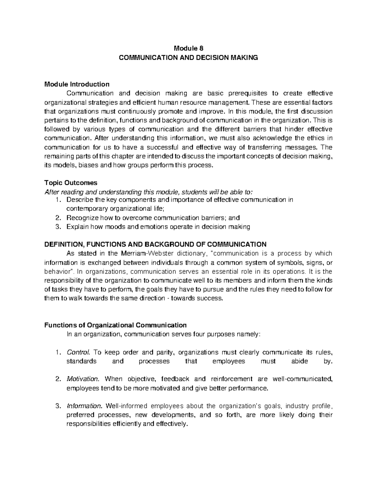 Chapter 8 Communication and Decision Making - Module 8 COMMUNICATION ...