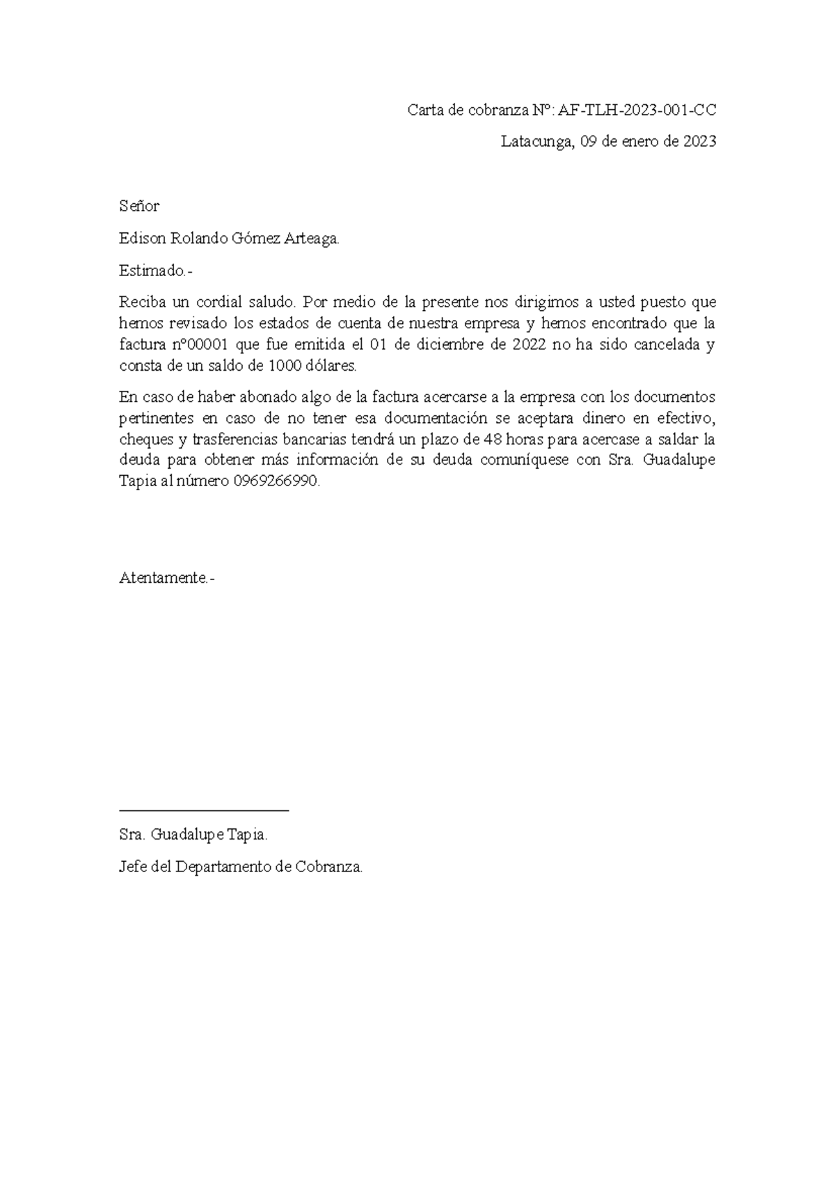 Carta de cobranza - documentos adminstrativos y comerciales - Carta de ...