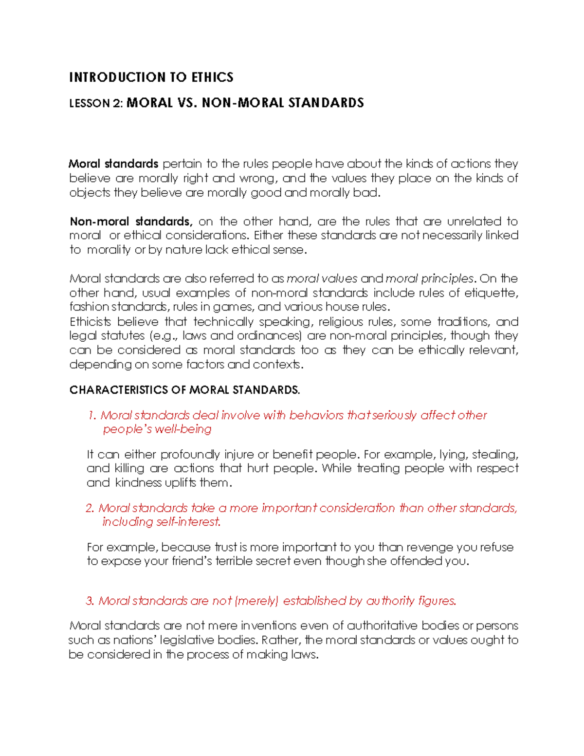 Moral-vs-Nonmoral Standards - INTRODUCTION TO ETHICS LESSON 2: MORAL VS ...