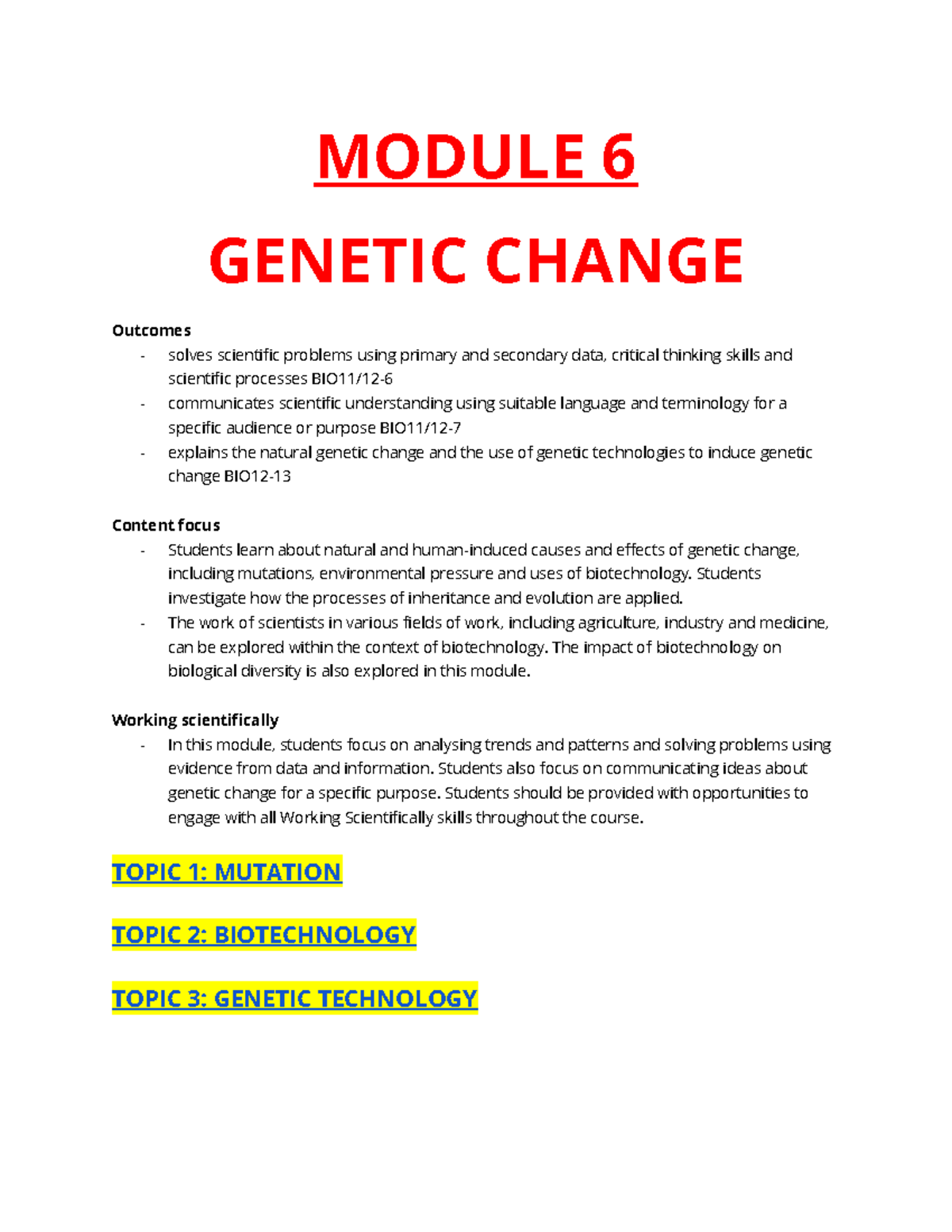 HSC Bio - Module 6 notes - MODULE 6 GENETIC CHANGE Outcomes - solves ...