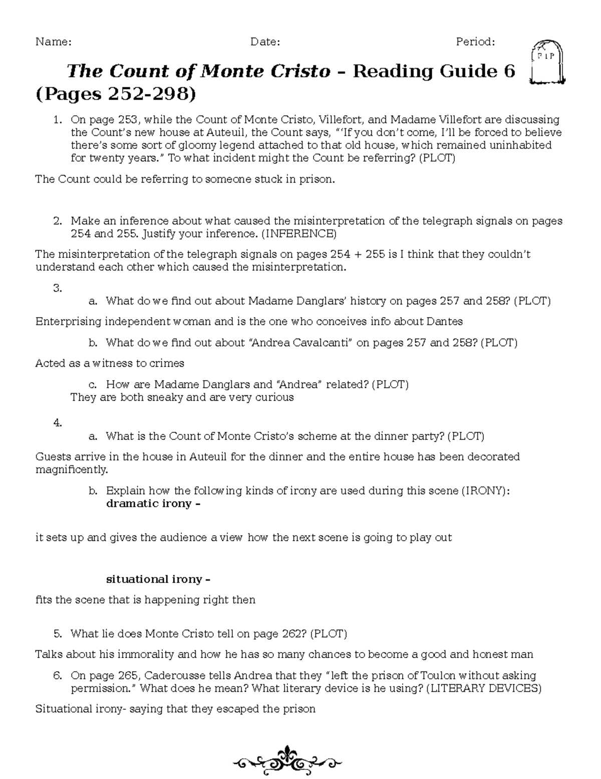 Counte De Monte Christo Reading Guide 6 - The Count of Monte Cristo ...