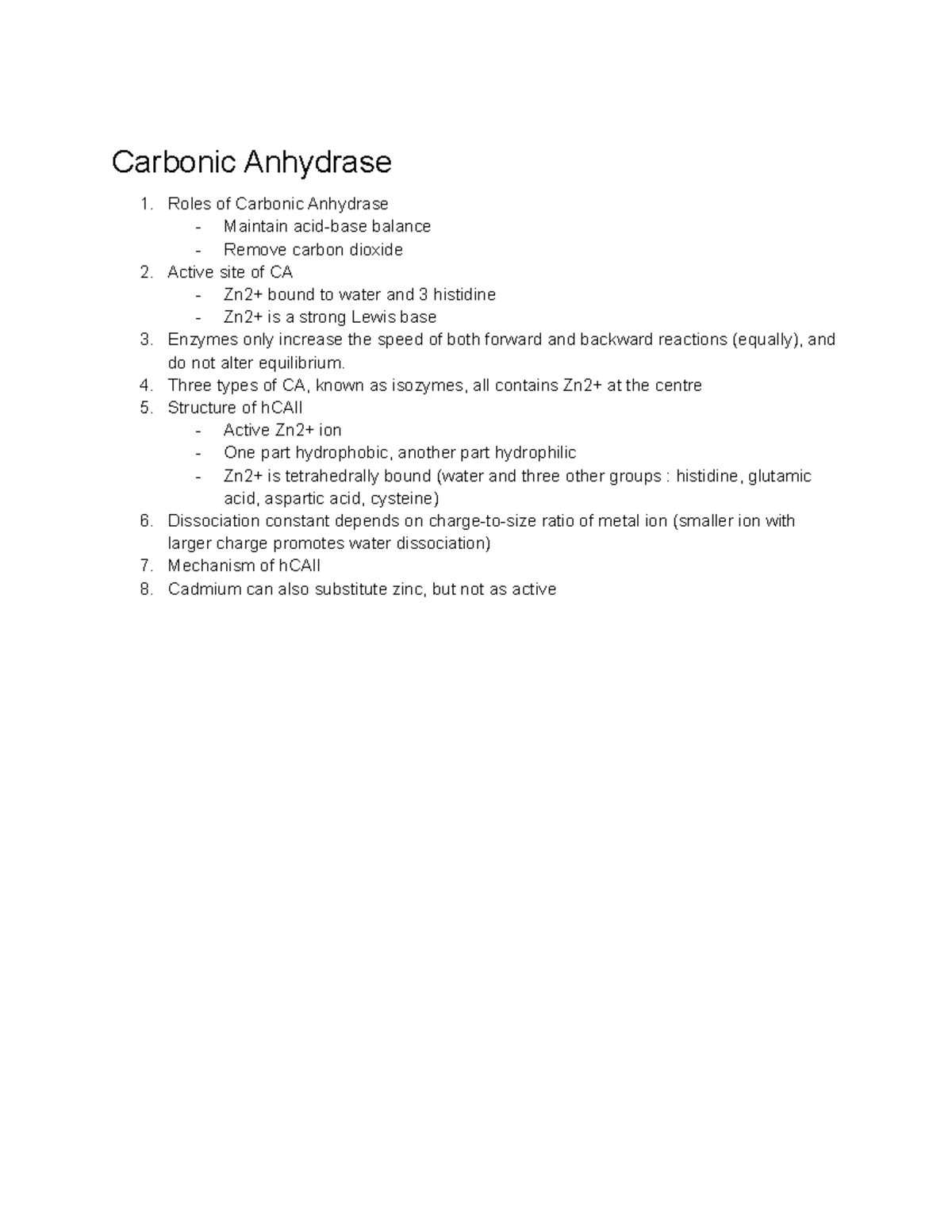 CHEM4BIO - Carbonic Anhydrase Summary - Carbonic Anhydrase Roles of ...