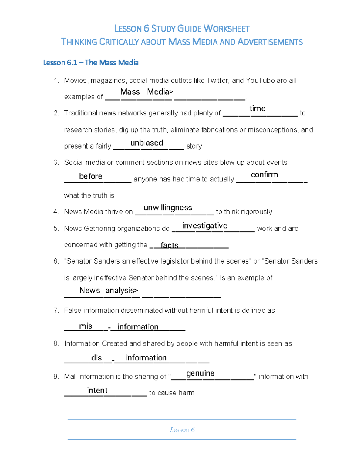 COSA 2 Lesson 6 - Student Study Guide Worksheet-1 - LESSON 6 STUDY GUIDE WORKSHEET THINKING ...