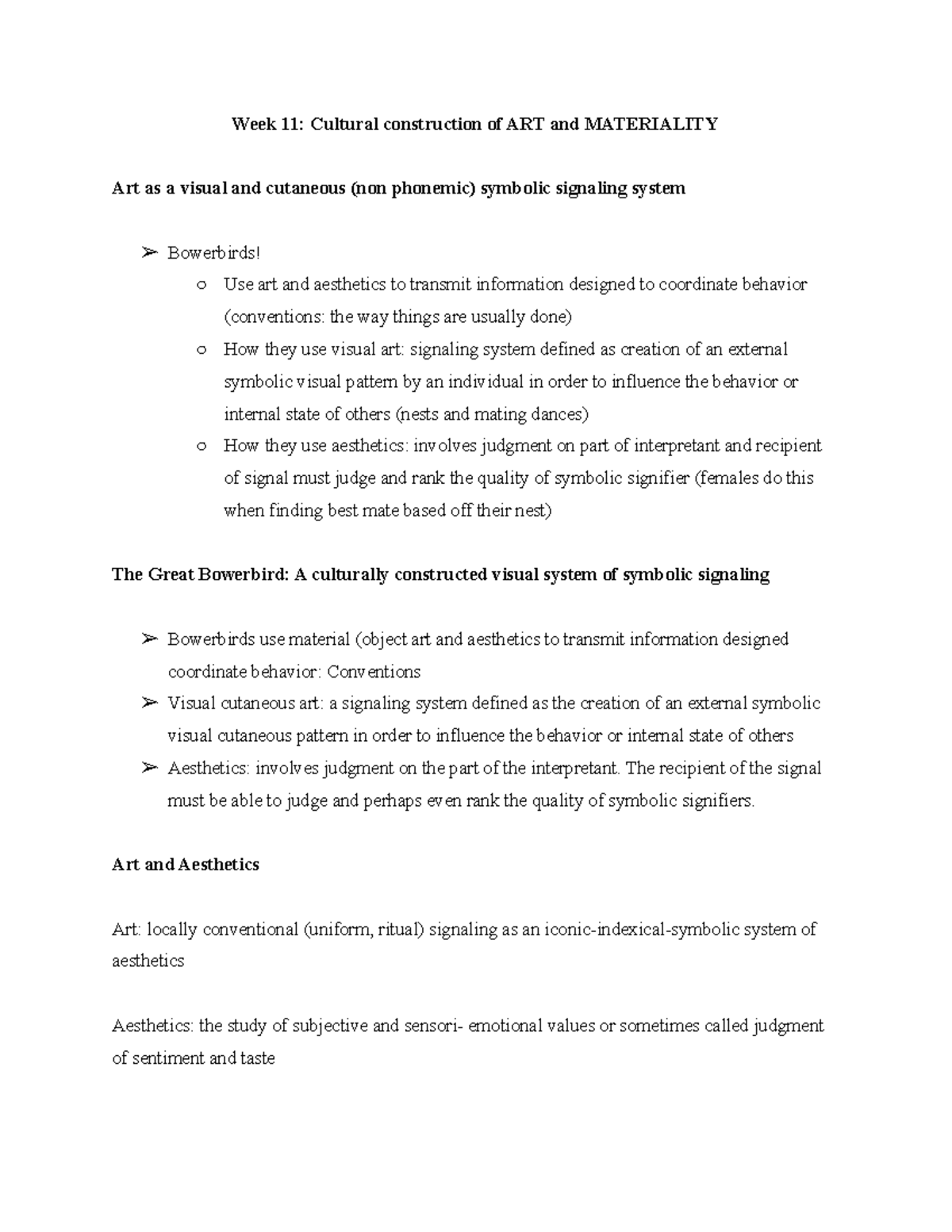 Anthropology Notes Week 11 - Week 11: Cultural construction of ART and ...