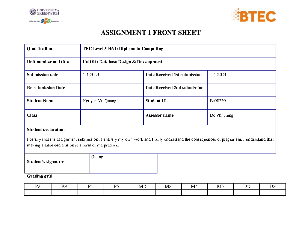 ASM2Thay Hung 1-1 Nop - Security - ASSIGNMENT 1 FRONT SHEET Qualification TEC Level 5 HND ...