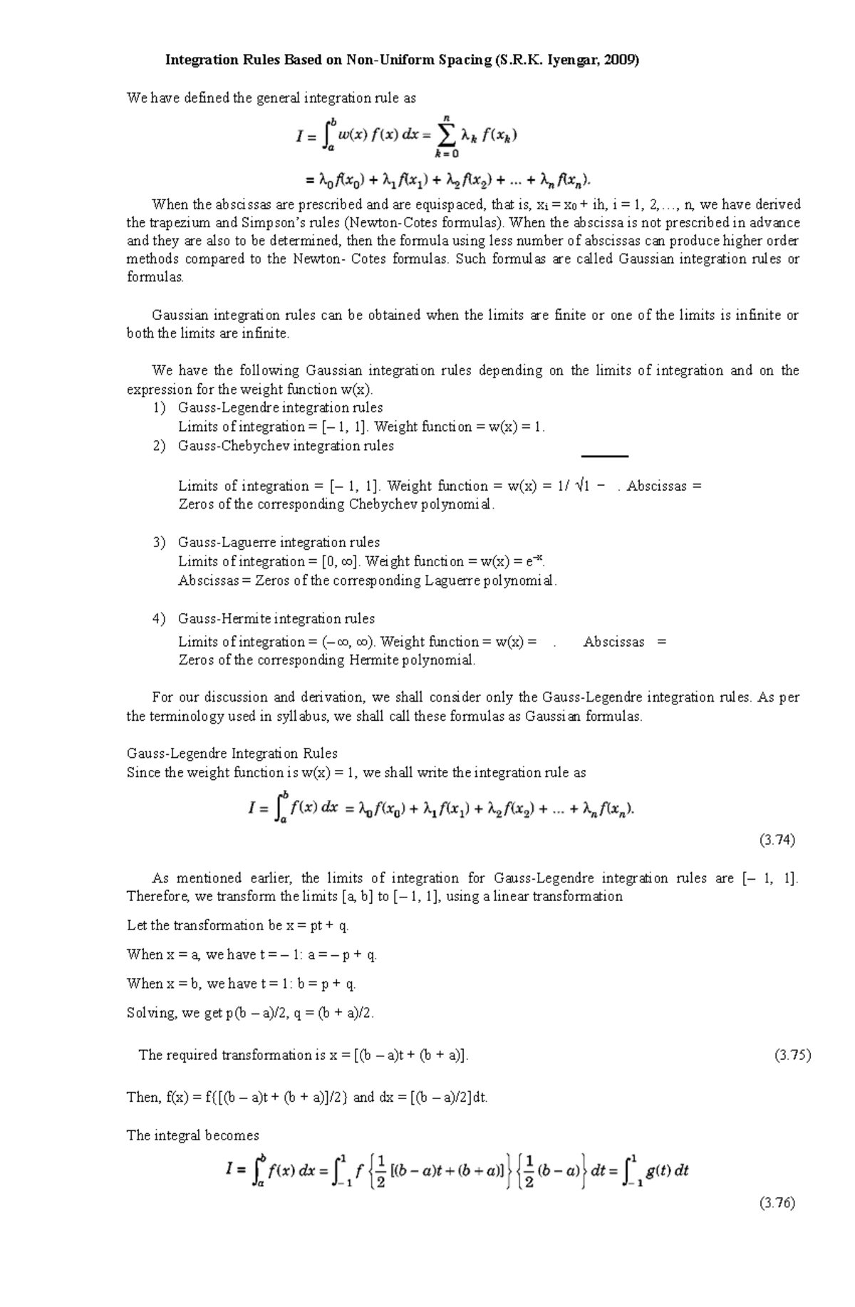 Integration Rules Based On Non Uniform Spacing S R K Iyengar 2009 Integration Rules Based
