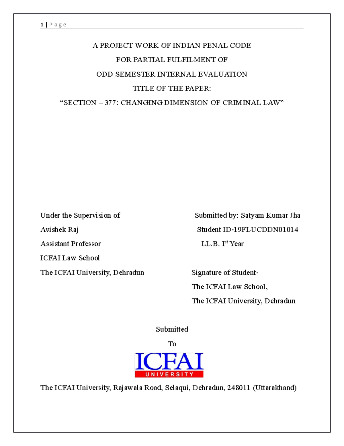 Icfai LAW School ipc Satyam - A PROJECT WORK OF INDIAN PENAL CODE FOR ...