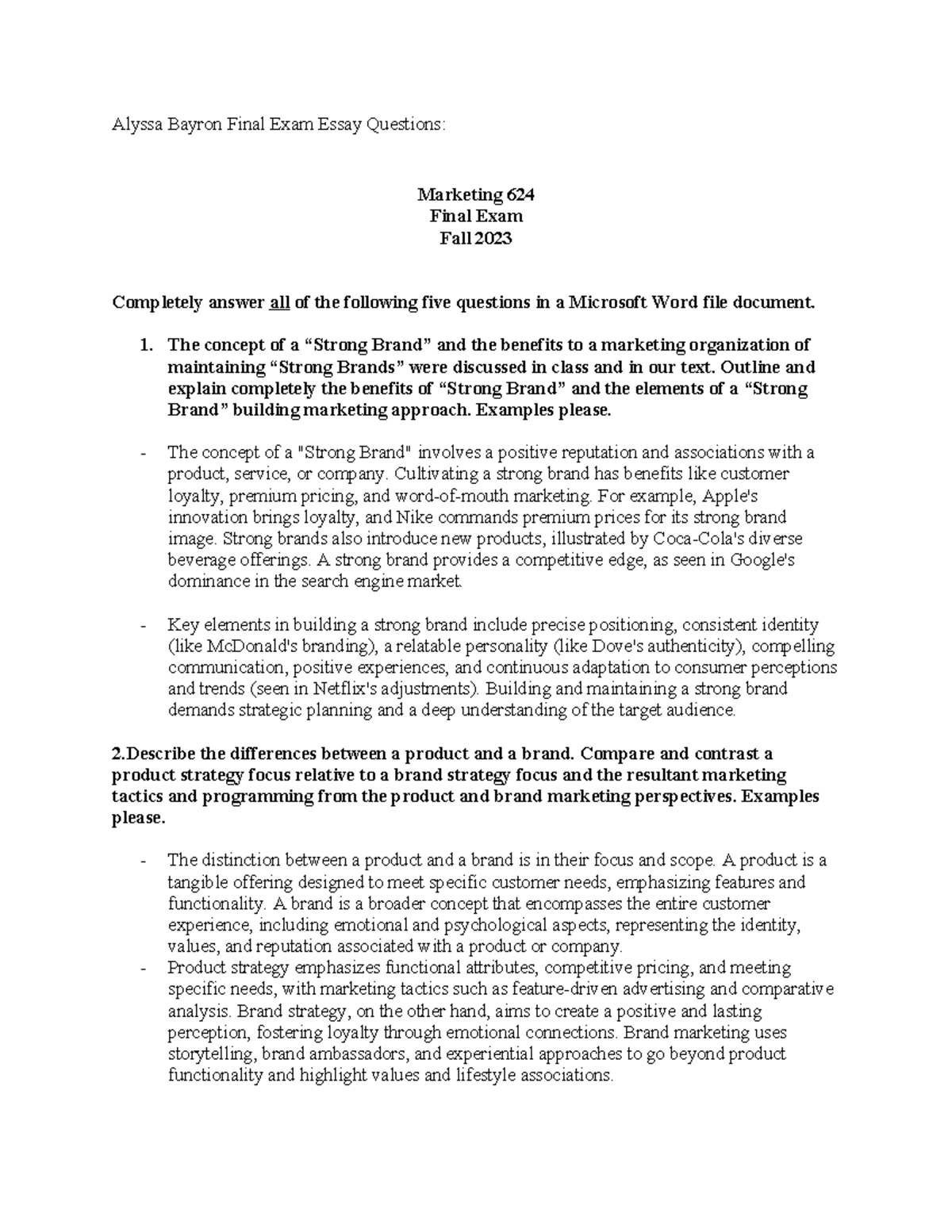 Final Exam, Mkt 624 - Alyssa Bayron Final Exam Essay Questions ...