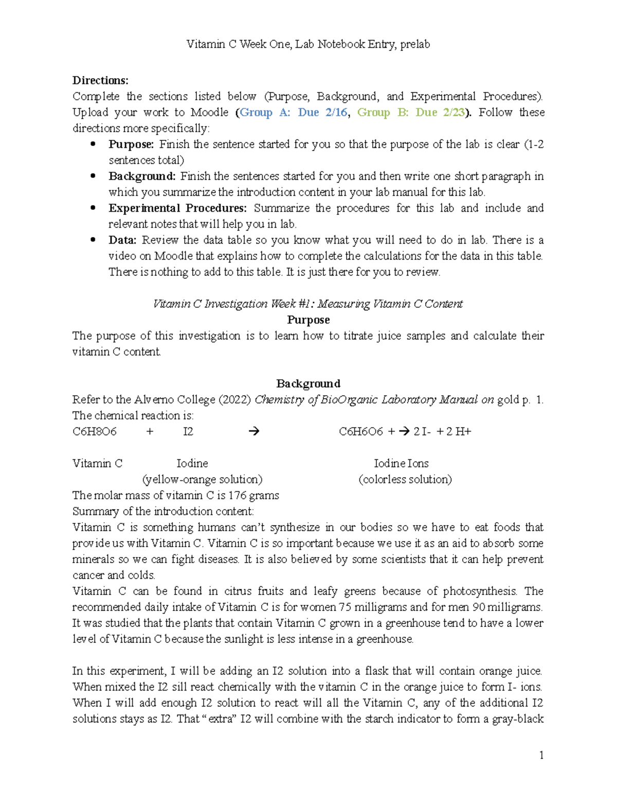 Vitamin C Week One, Lab Notebook Entry, prelab - Vitamin C Week One ...