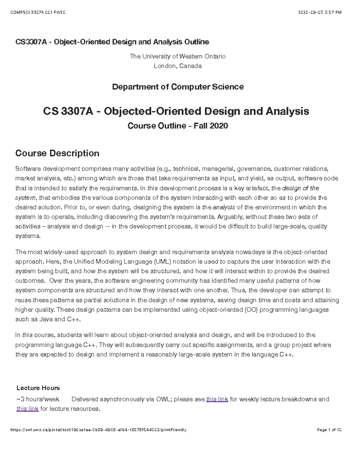 2020-CS3307-A - Outline of course - CS3307A - Object-Oriented Design and Analysis Outline The ...