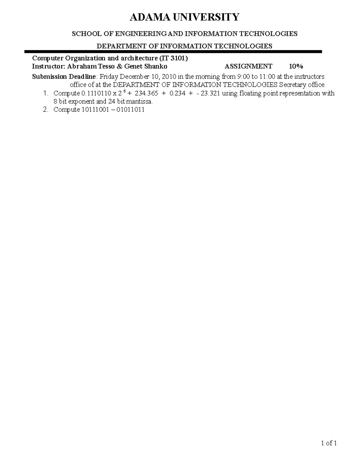 Assignment 1 - Computer Organization - ADAMA UNIVERSITY SCHOOL OF ...