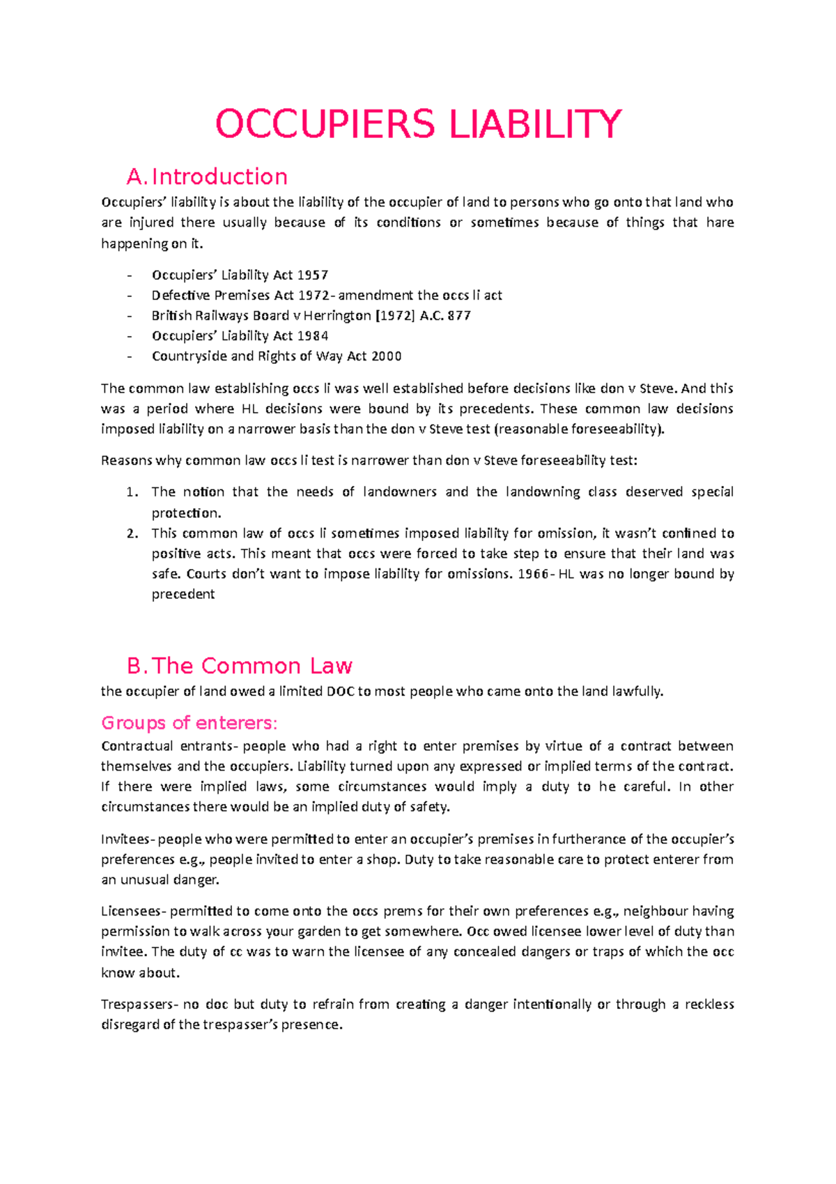 Occupiers liability - OCCUPIERS LIABILITY A. Introduction Occupiers ...