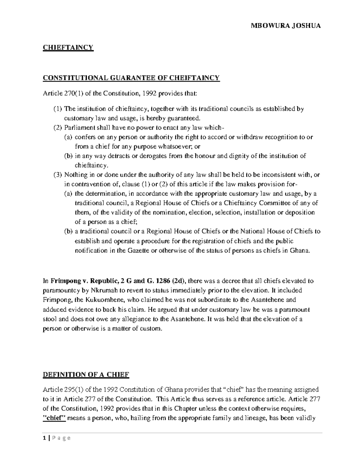 Chieftaincy - CHIEFTAINCY CONSTITUTIONAL GUARANTEE OF CHEIFTAINCY ...