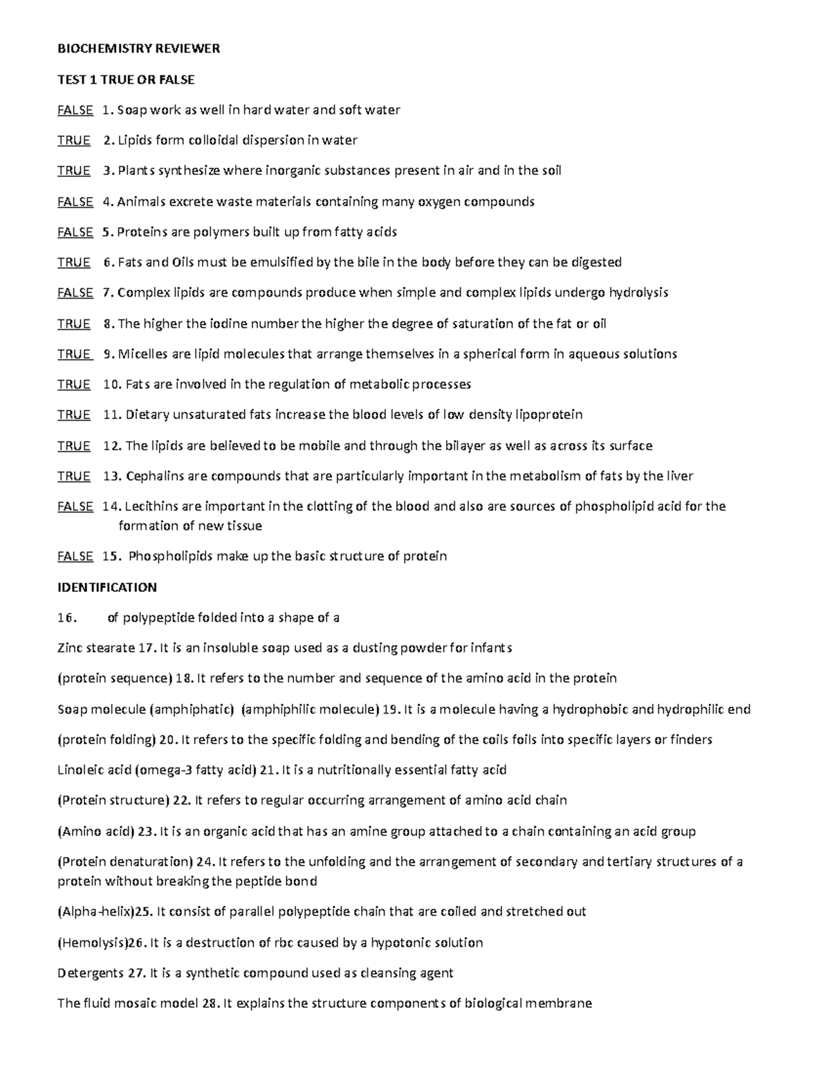 Biochemistry Reviewer WITH Answer - BIOCHEMISTRY REVIEWER TEST 1 TRUE ...