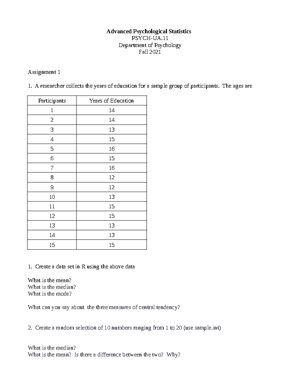 Assignment 1 - Advanced Psychological Statistics PSYCH-UA. Department ...