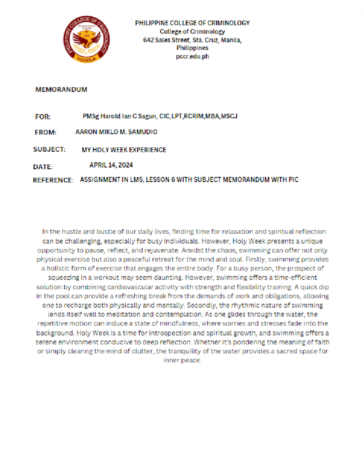 Memorandum WITH PIC - Bachelor of Science in Accountancy - Studocu
