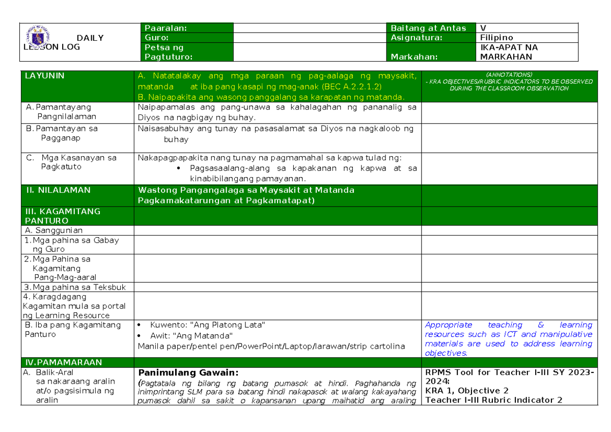 COT 4TH Quarter ESP - MATRIAL USED IN ESP - DAILY LESSON LOG Paaralan: Baitang at Antas V Guro ...
