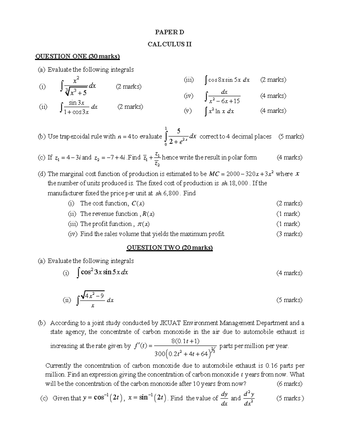 Paper D - to aid on revision for calculus 2 - PAPER D CALCULUS II ...