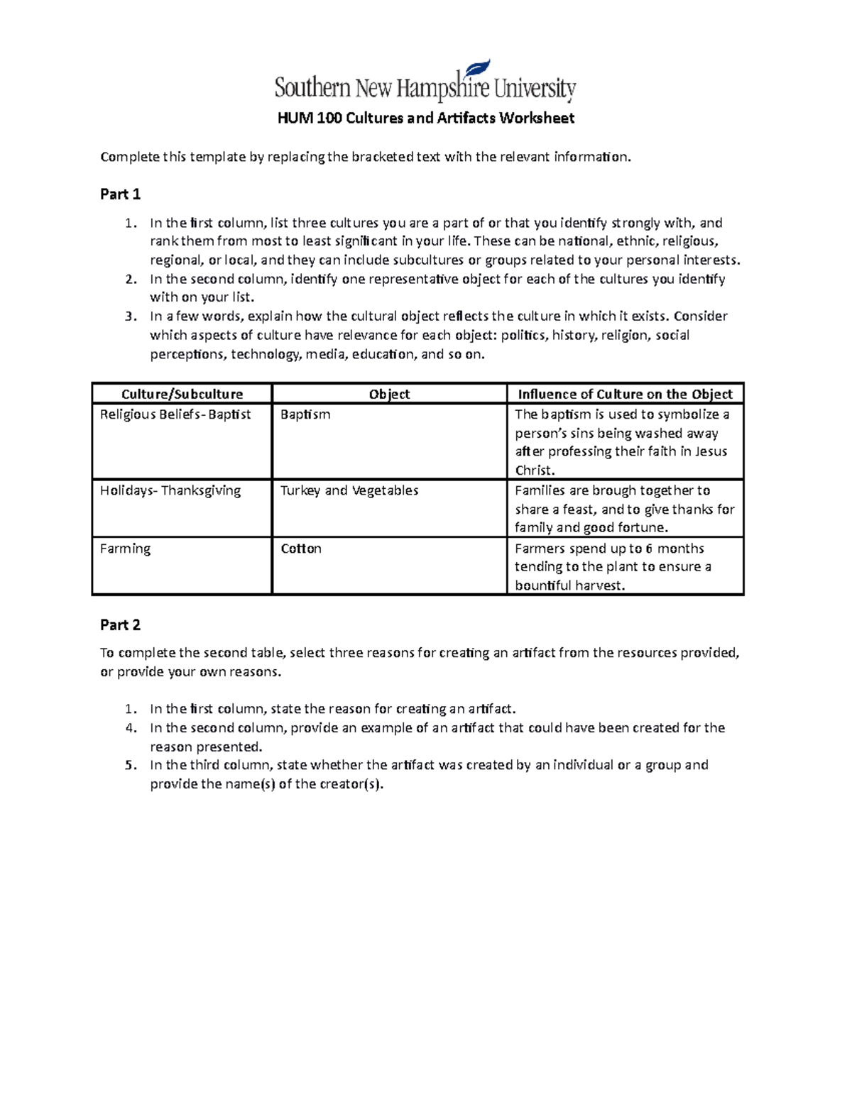 Cultures and Artifacts Worksheet - HUM100 - SNHU - Studocu