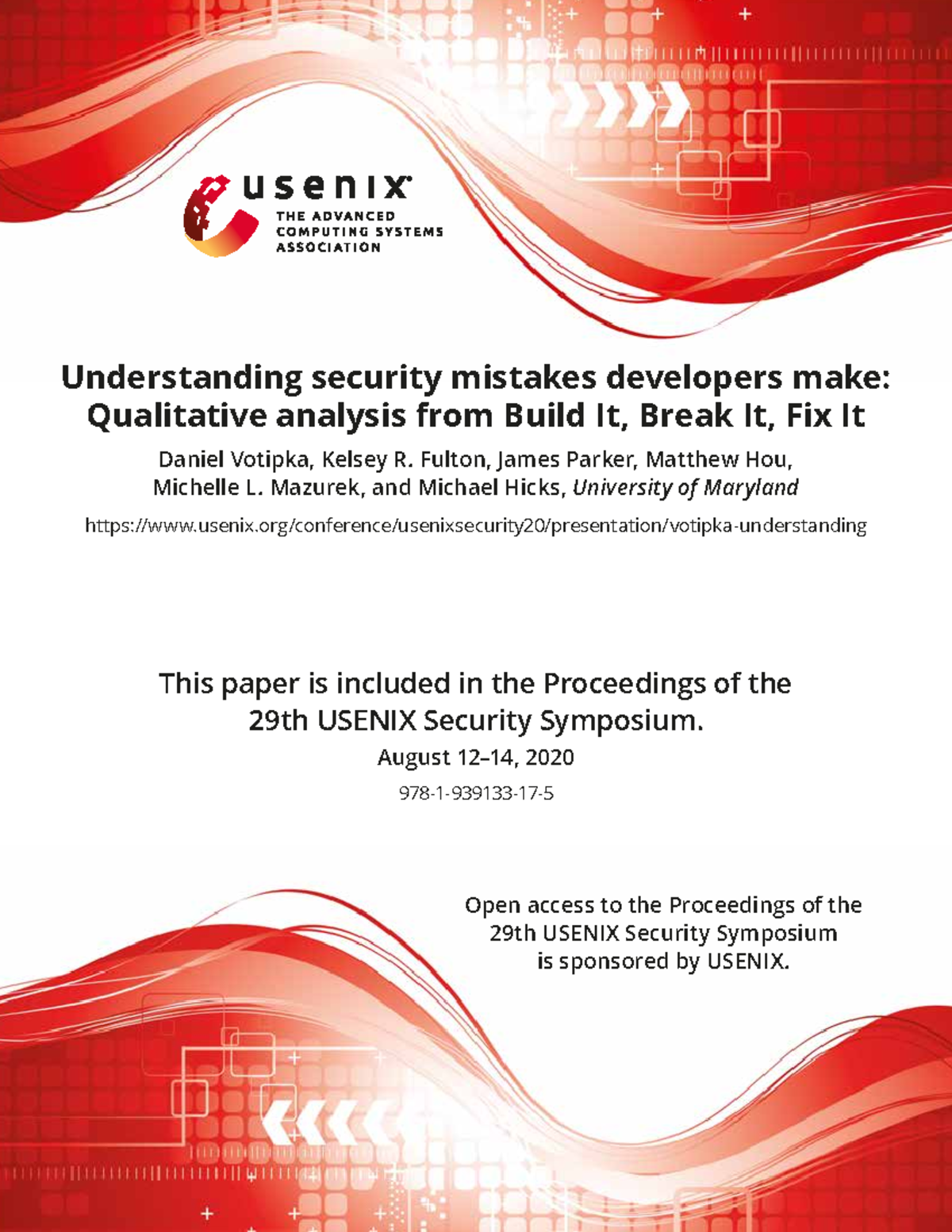 Sec20-votipka-understanding - This paper is included in the Proceedings of the 29th USENIX ...