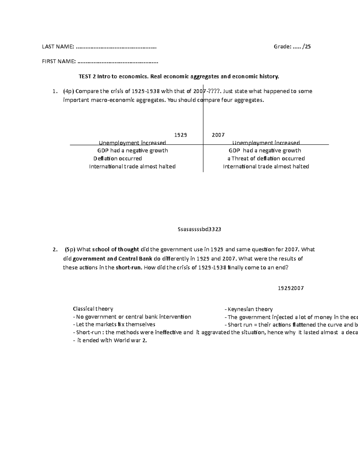 Intro Economics Test 2 2020 V3 - 1929 2007 Unemployment increased ...