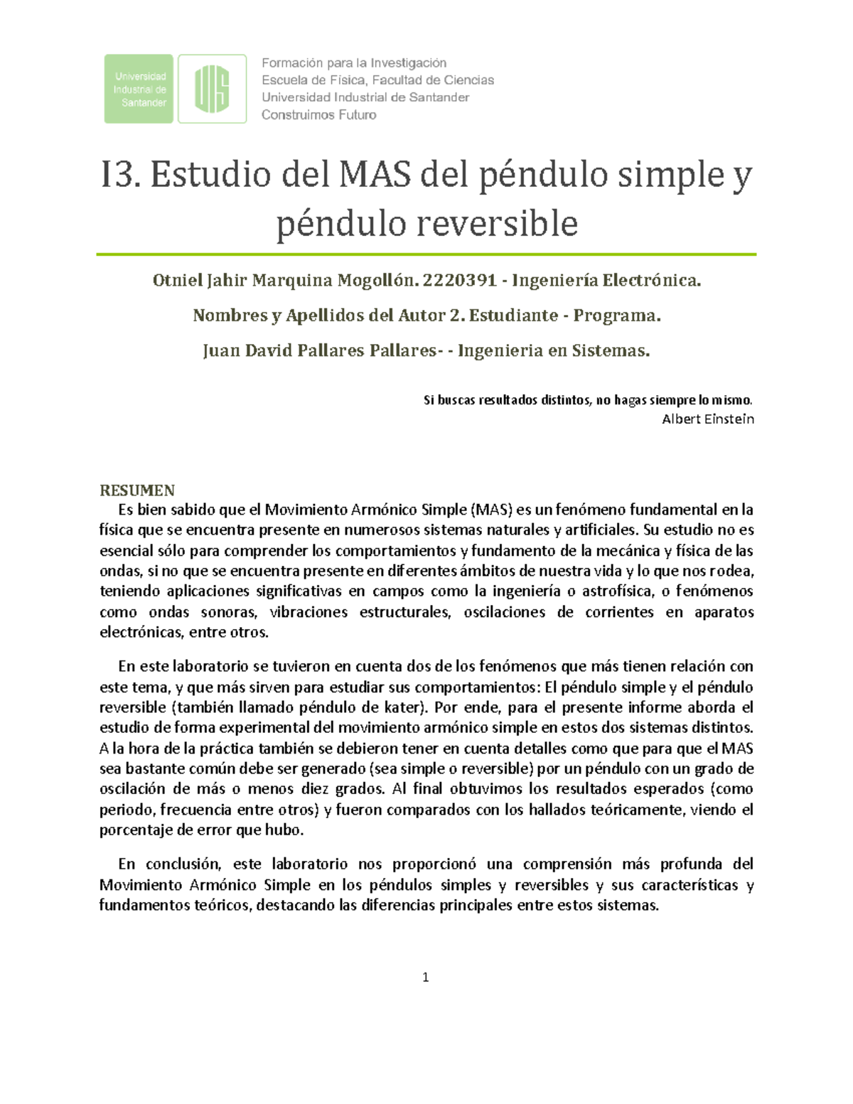 Informe Lab 1 - I3. Estudio del MAS del péndulo simple y péndulo reversible Otniel Jahir ...
