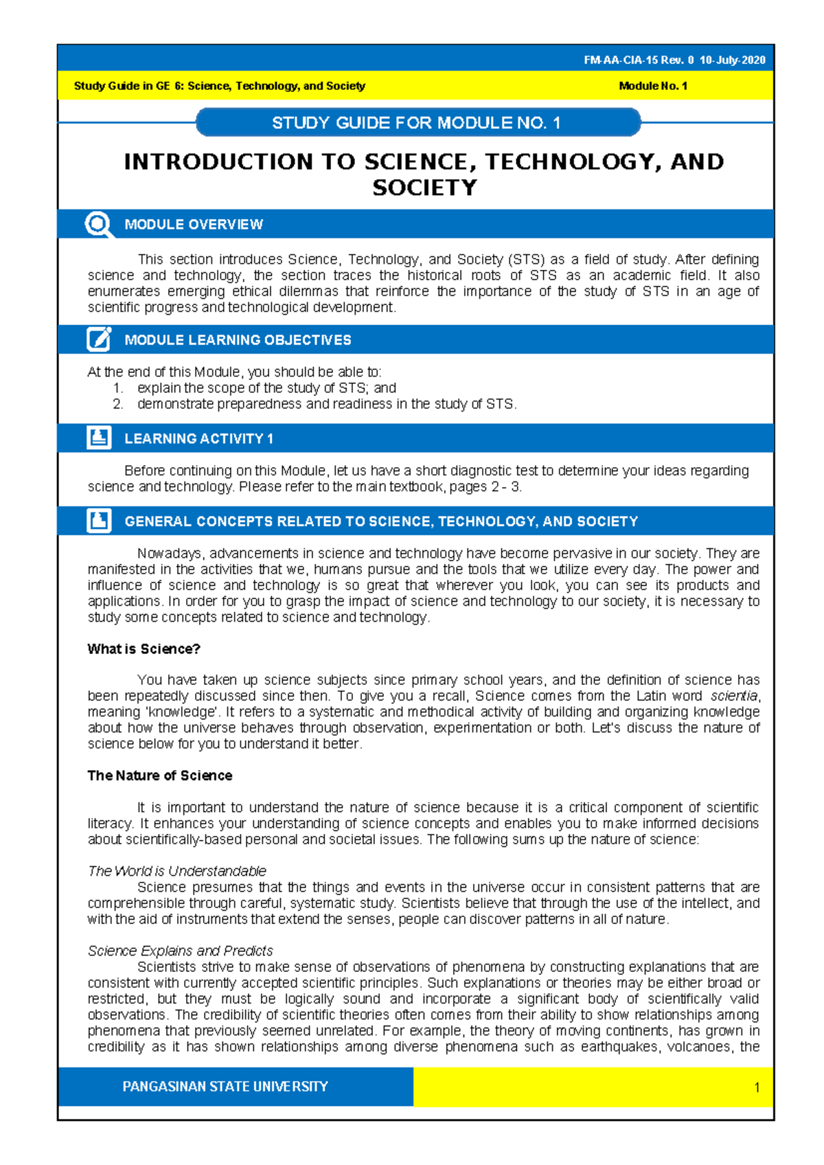 Study- Guide-1 - STUDY GUIDE FOR MODULE NO. 1 Study Guide in GE 6: Science, Technology, and ...