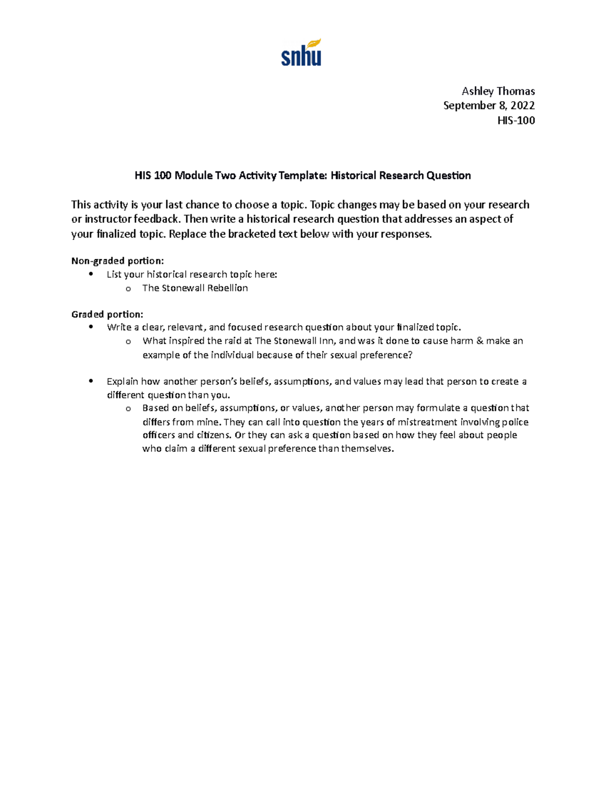 HIS 100 Module Two Activity Research Question Template 1 - Ashley ...