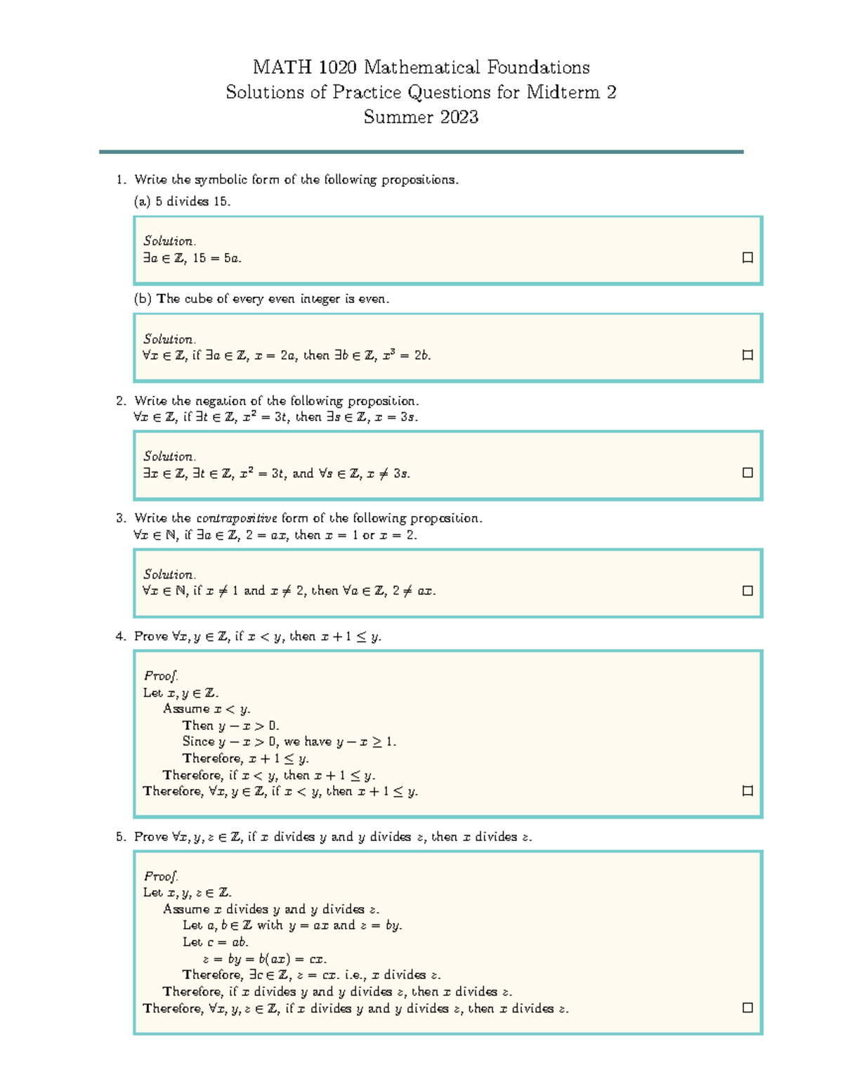 Solutions Practice Questions Test 2-S23 - MATH 1020 Mathematical ...