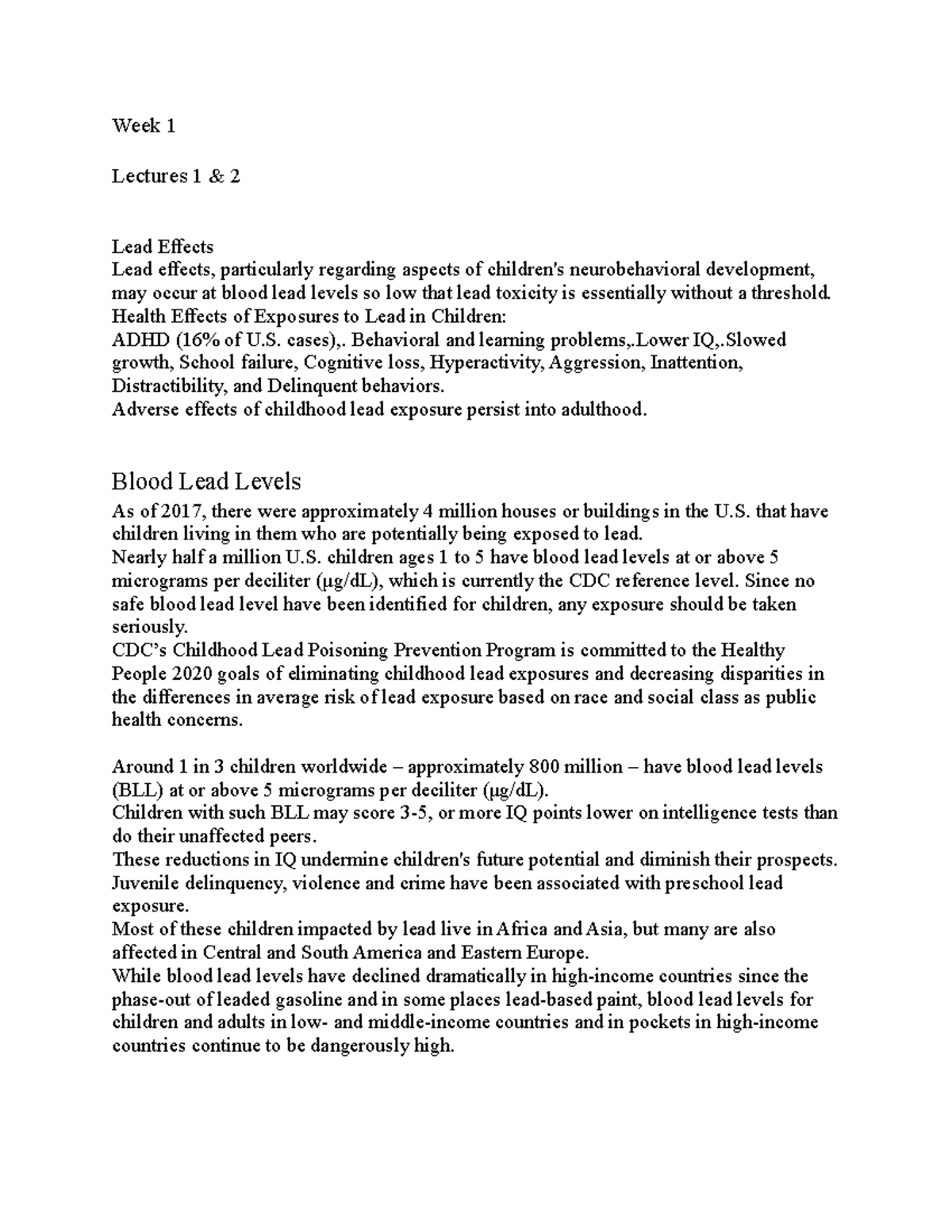 EH Week 1 Lecture - Week 1 Lectures 1 & 2 Lead Effects Lead effects, particularly regarding ...