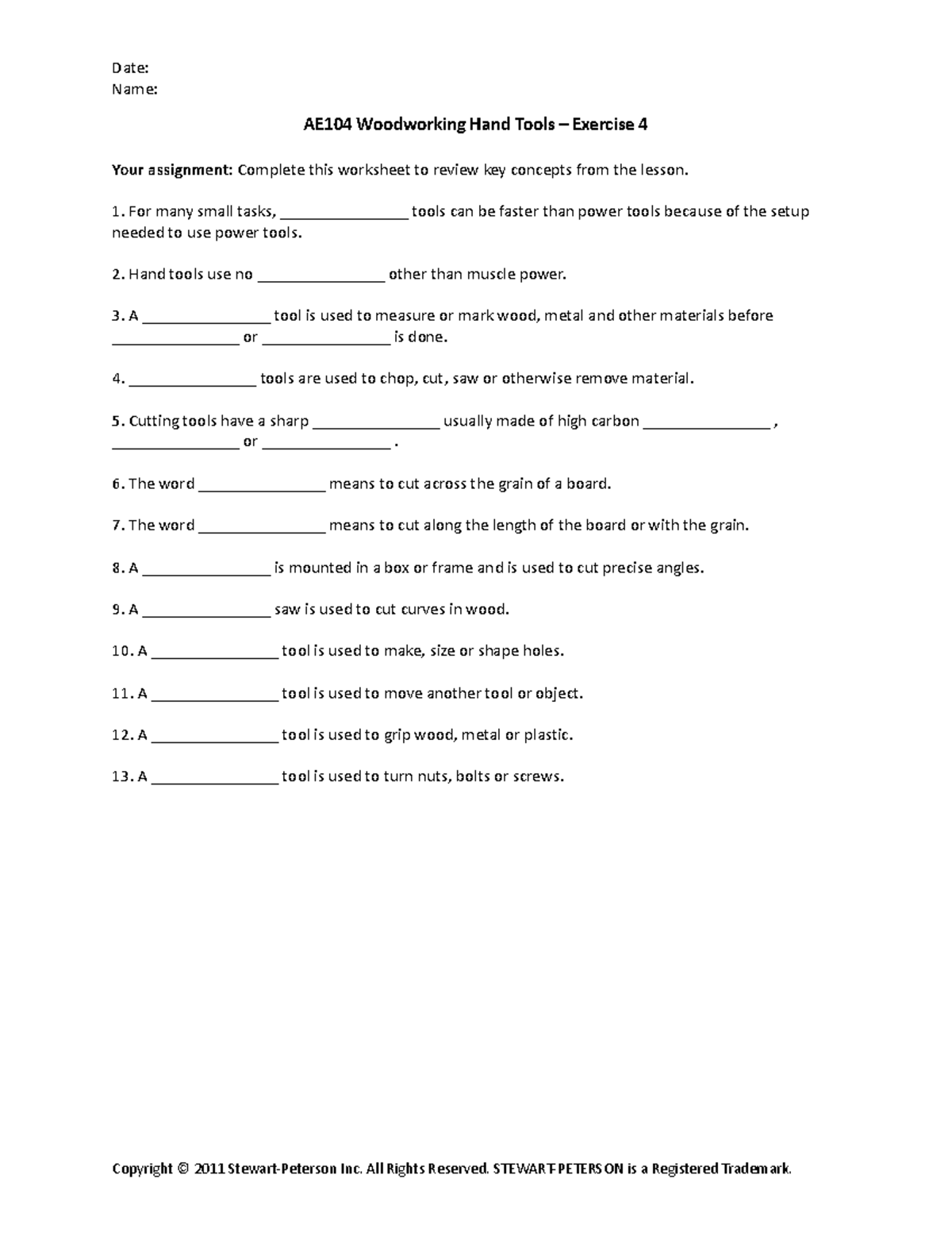 Jaxson Fairchild - ae104e4Woodworking Tools Worksheet - Date: Name ...