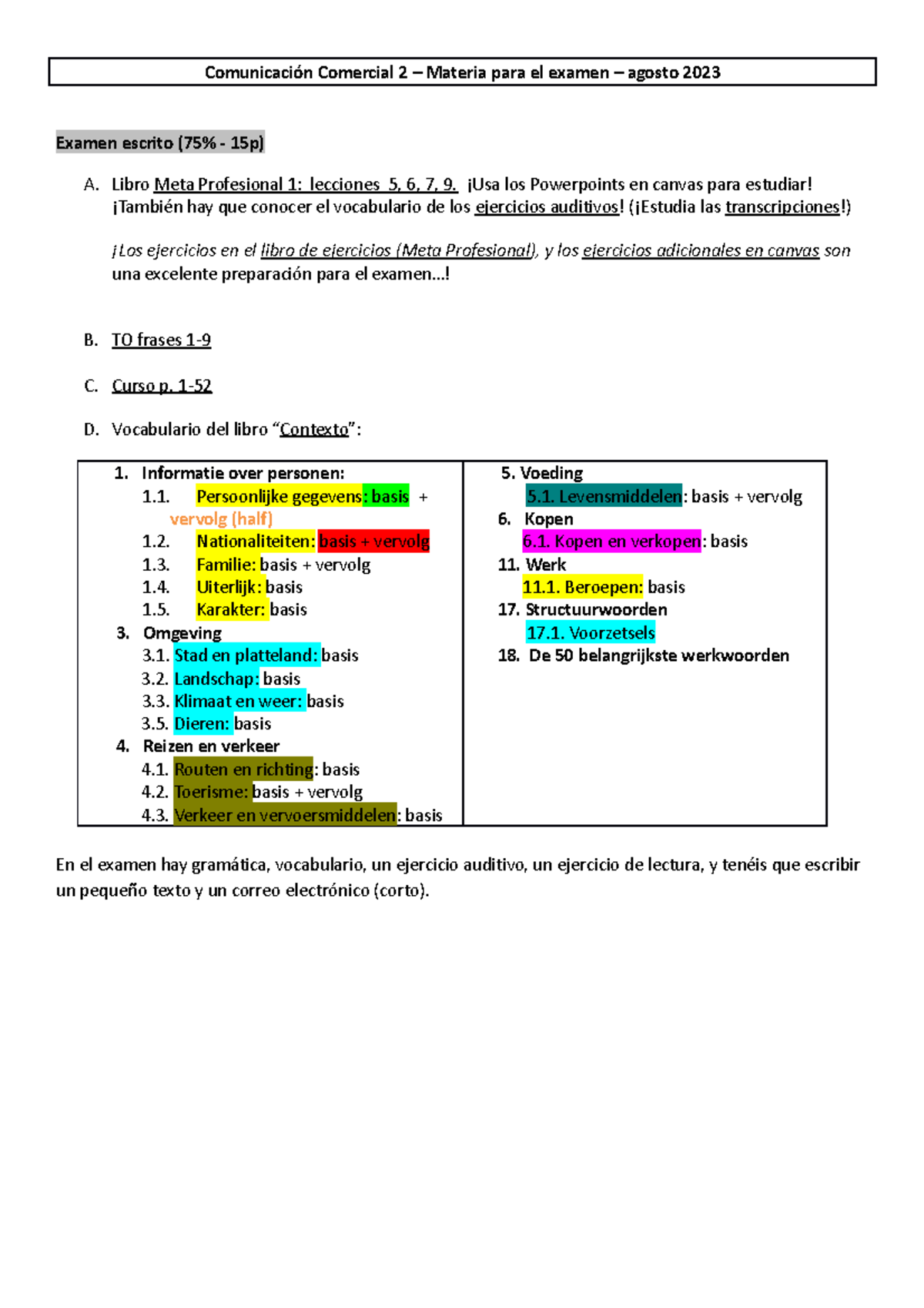 Info examen Spaans 2 - augustus 2023 - Comunicación Comercial 2 ...
