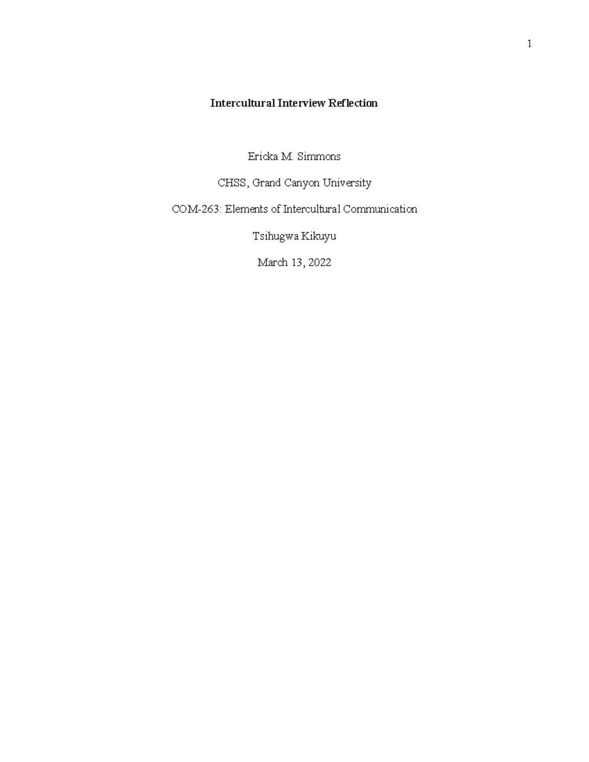 Intercultural Interview Reflection - Simmons CHSS, Grand Canyon ...