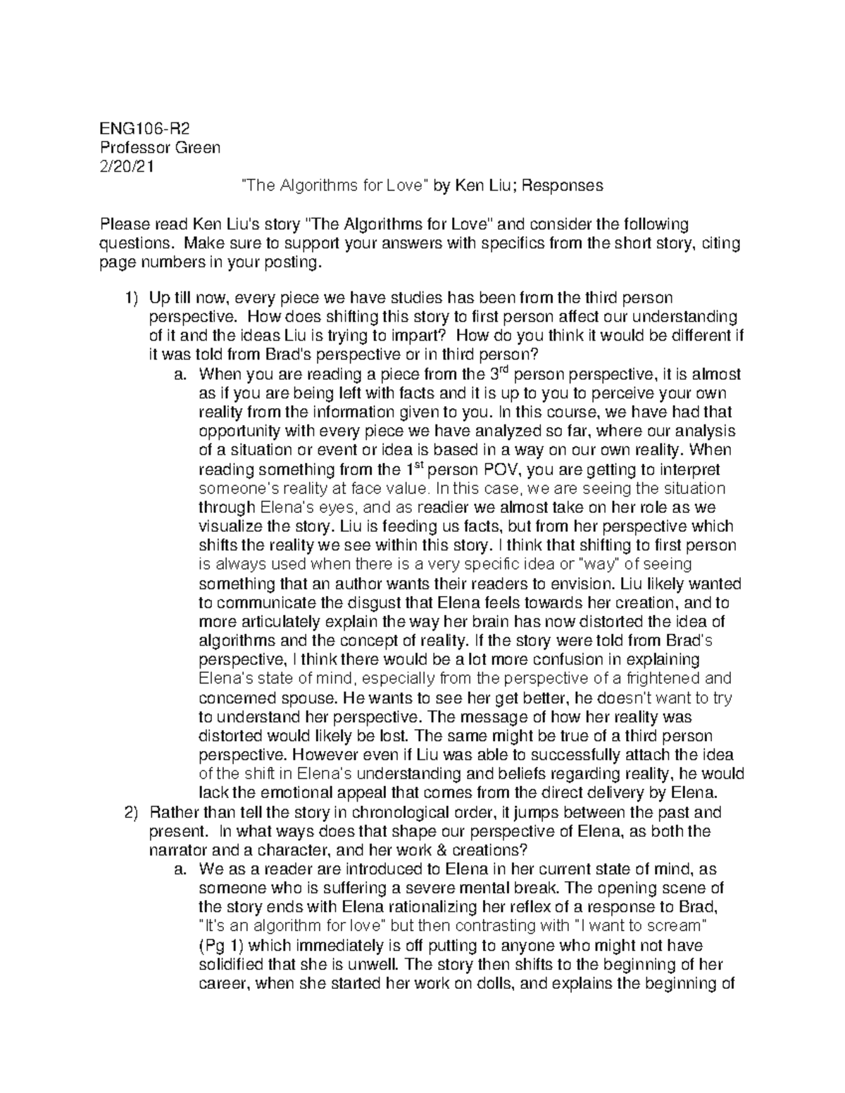 Algorithms for Love Responses - ENG106-R Professor Green 2 /20/ “The ...