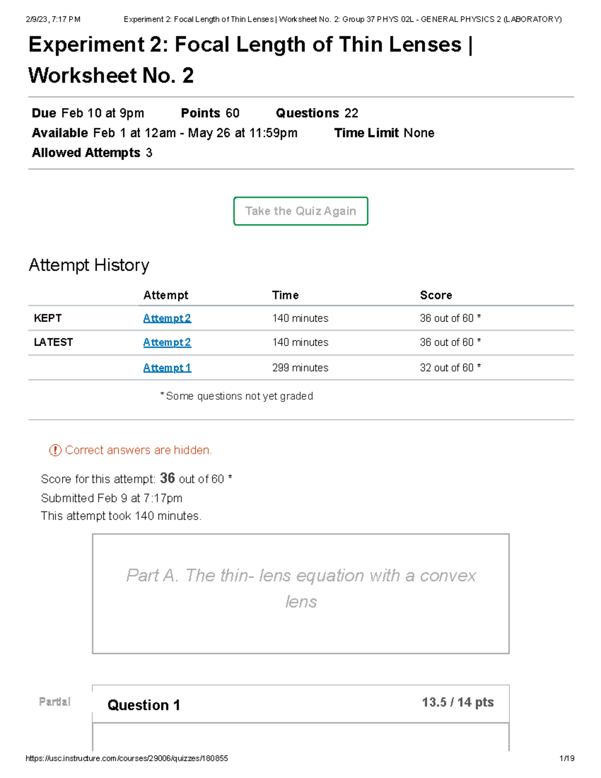 Experiment 2 Focal Length of Thin Lenses Worksheet No. 2 Group 37 PHYS ...
