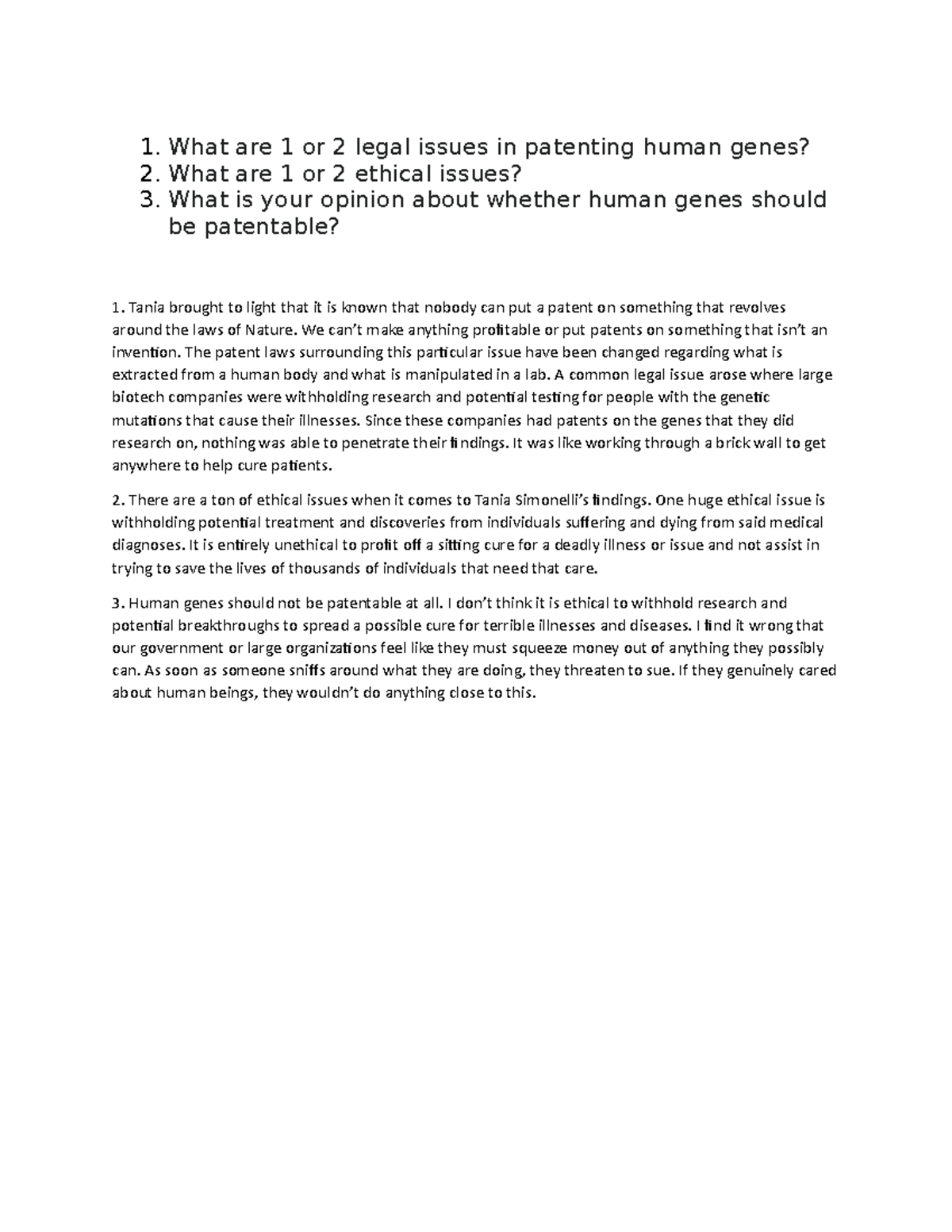 Discussion 2 Patenting Genes - 1. What are 1 or 2 legal issues in ...