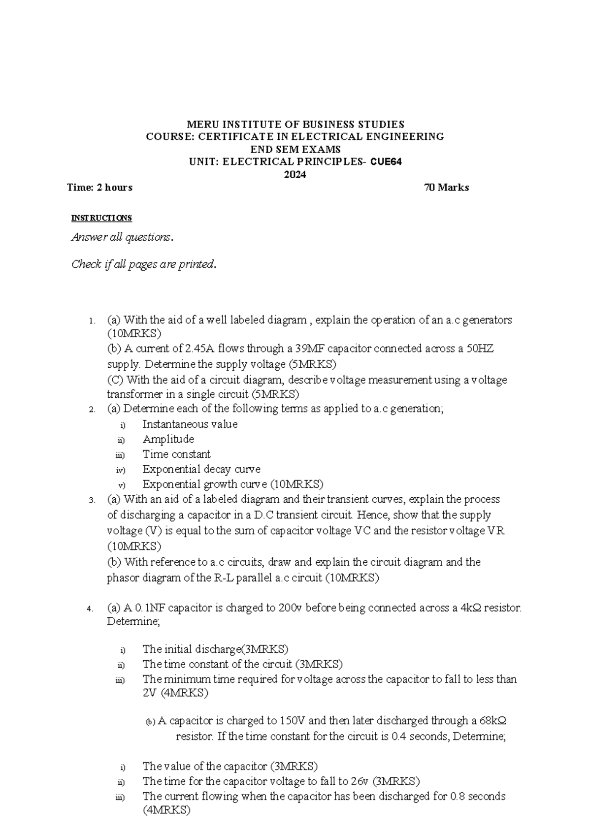 Electrical Principles CEE2 April-JUNE 2024 - MERU INSTITUTE OF BUSINESS ...