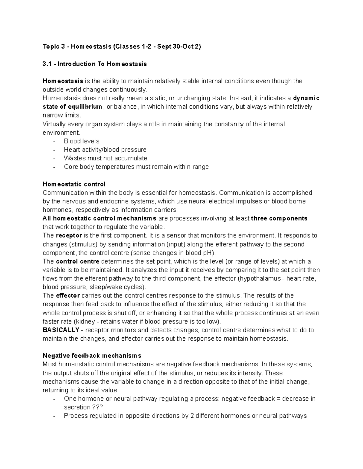 Homeostasis - Lecture notes 1-2 - Topic 3 - Homeostasis (Classes 1-2 ...