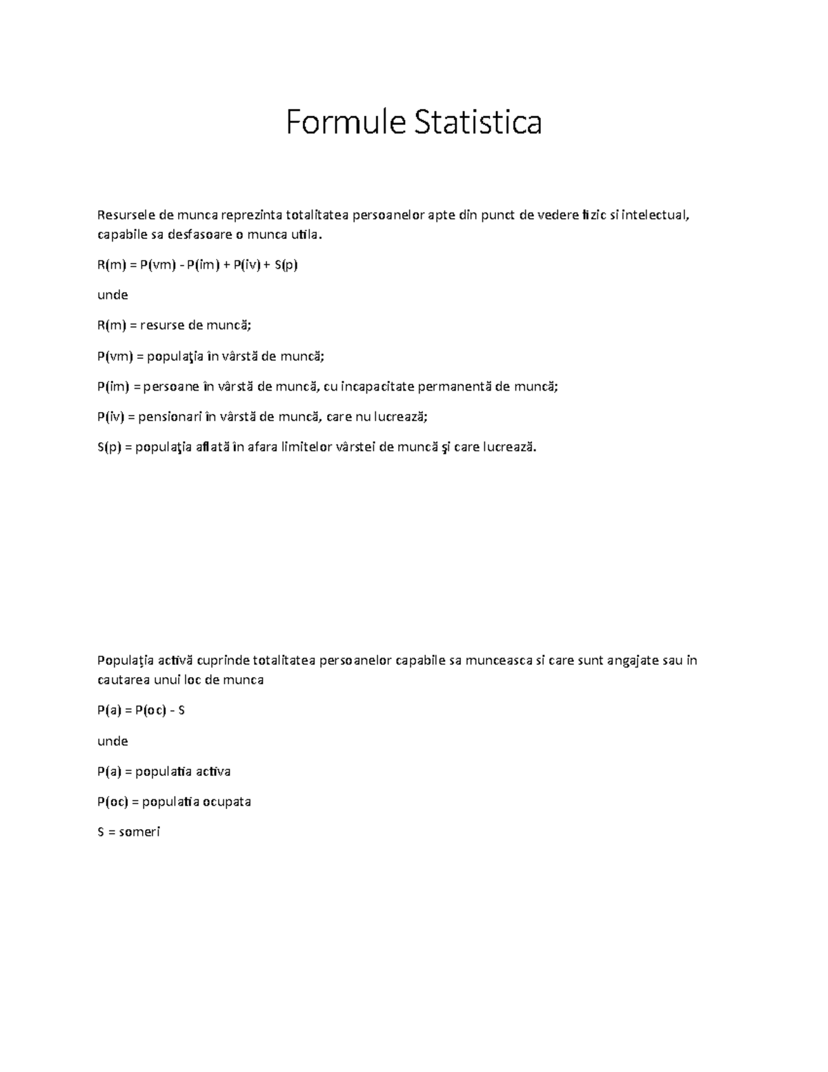 Formule statistica - Formule Statistica Resursele de munca reprezinta ...