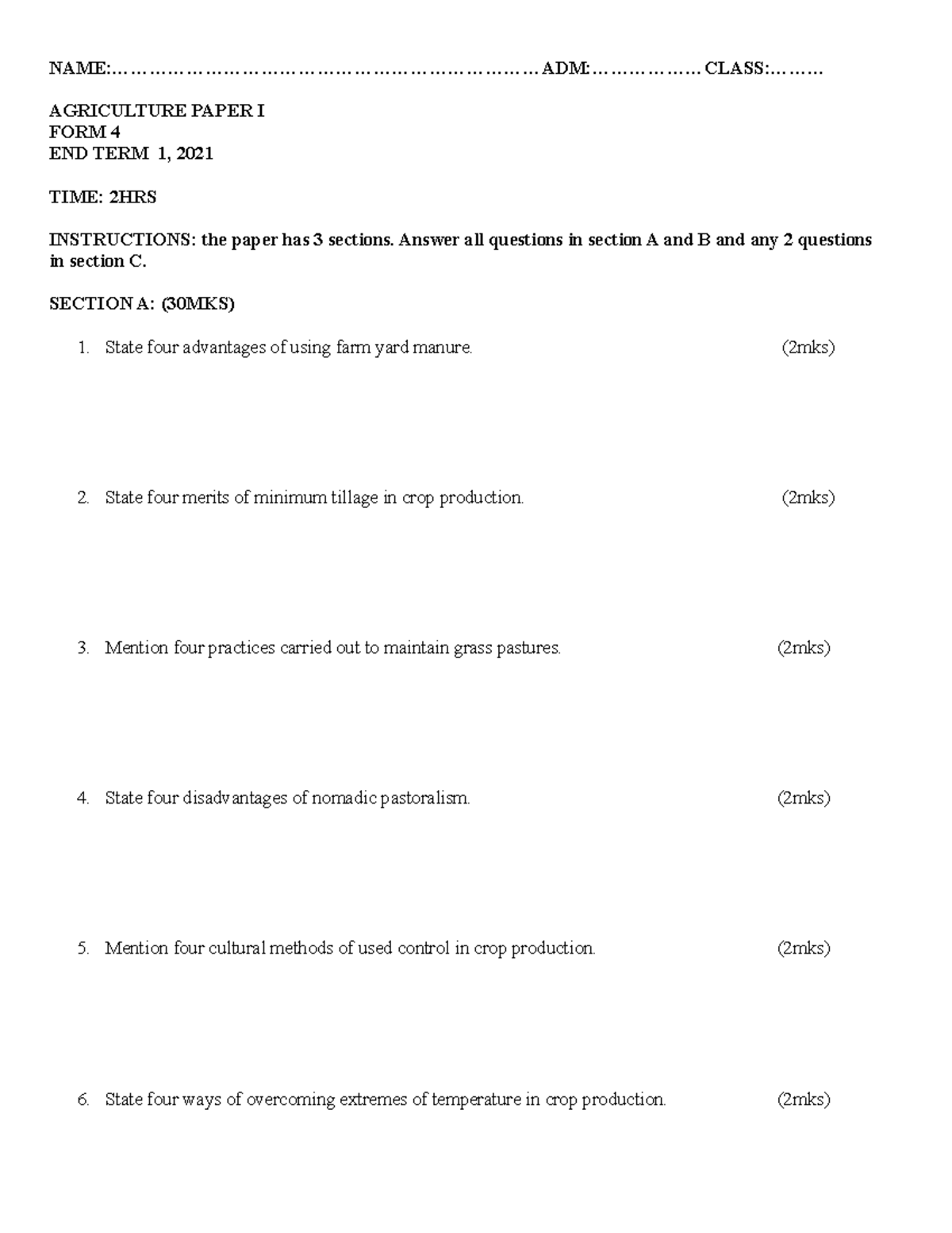 Agric f4 - Biology revision paper - - Studocu