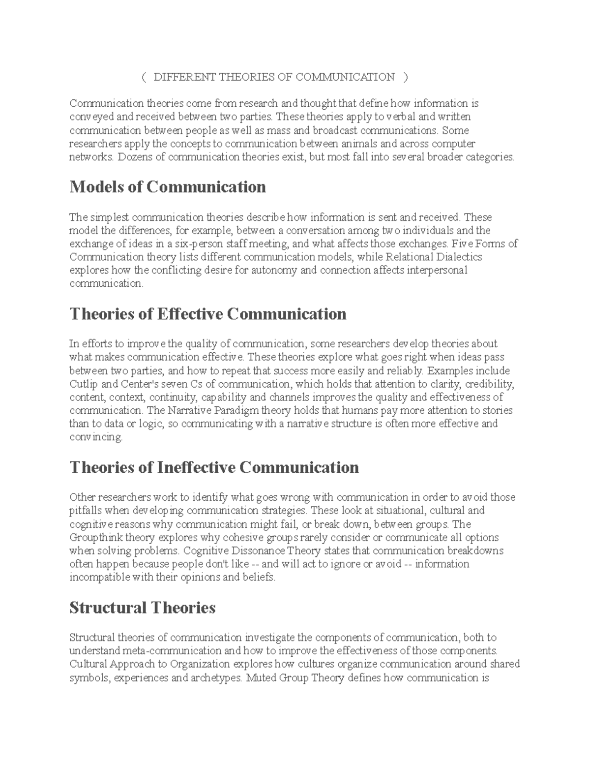 Different Theories OF Communication - ( DIFFERENT THEORIES OF ...